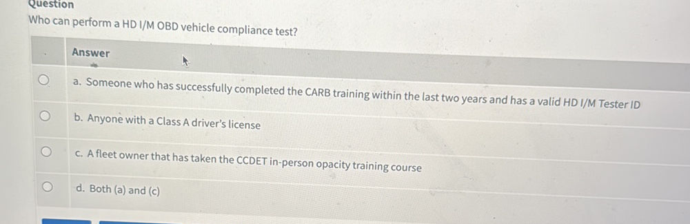 Who can perform a HD I/M OBD vehicle | StudyX