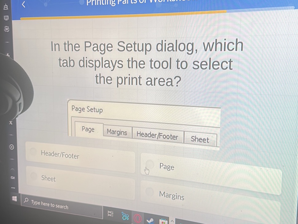 In the Page Setup dialog, which tab displays | StudyX