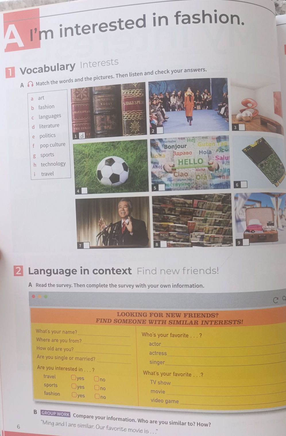 1 Vocabulary Interests A Match the words | StudyX