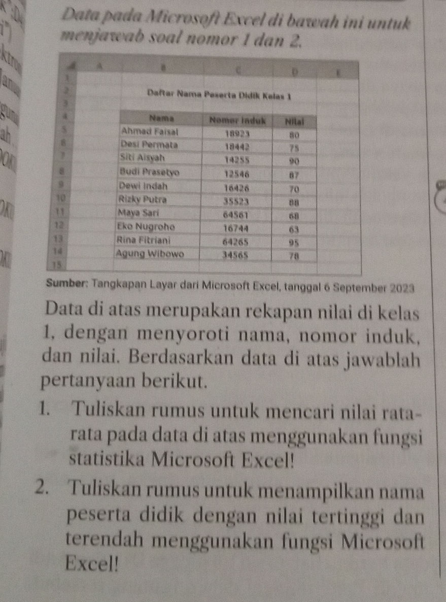 Data pada Microsoft Excel di bawah ini untuk | StudyX