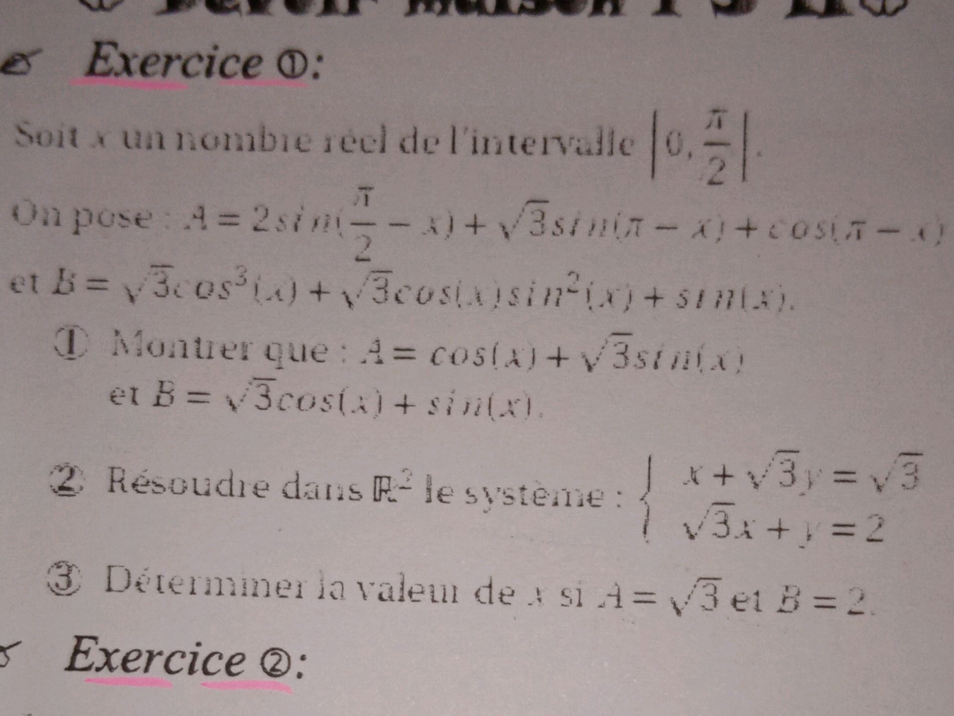 Exercice ①: Soit x un nombre réel de | StudyX