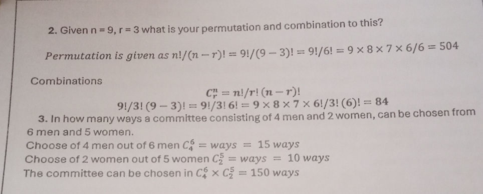 2. Given n = 9, r = 3 what is your | StudyX