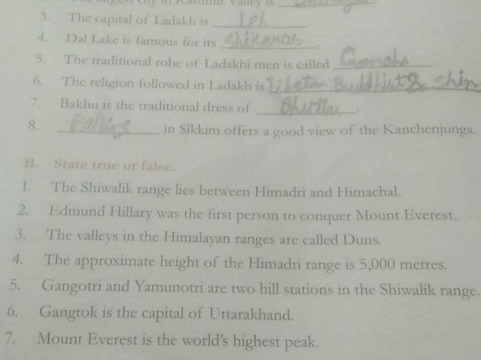 B. State true or false. 1. The Shiwalik | StudyX