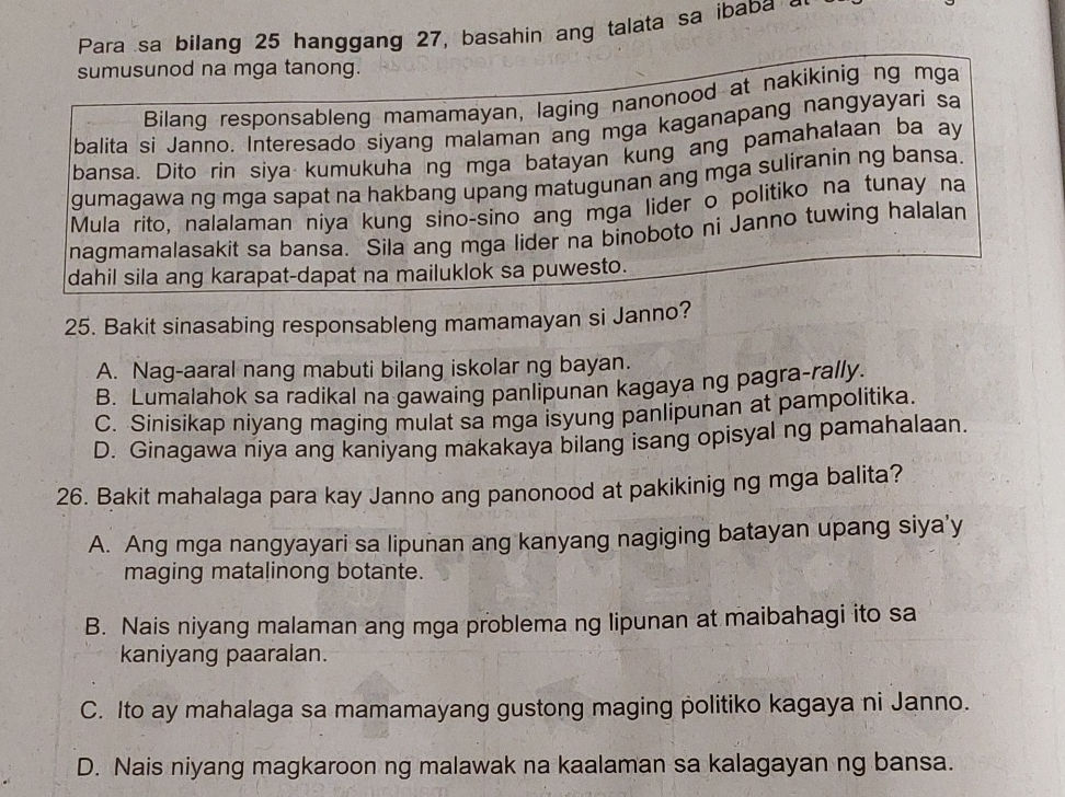 Para sa bilang 25 hanggang 27, basahin ang | StudyX