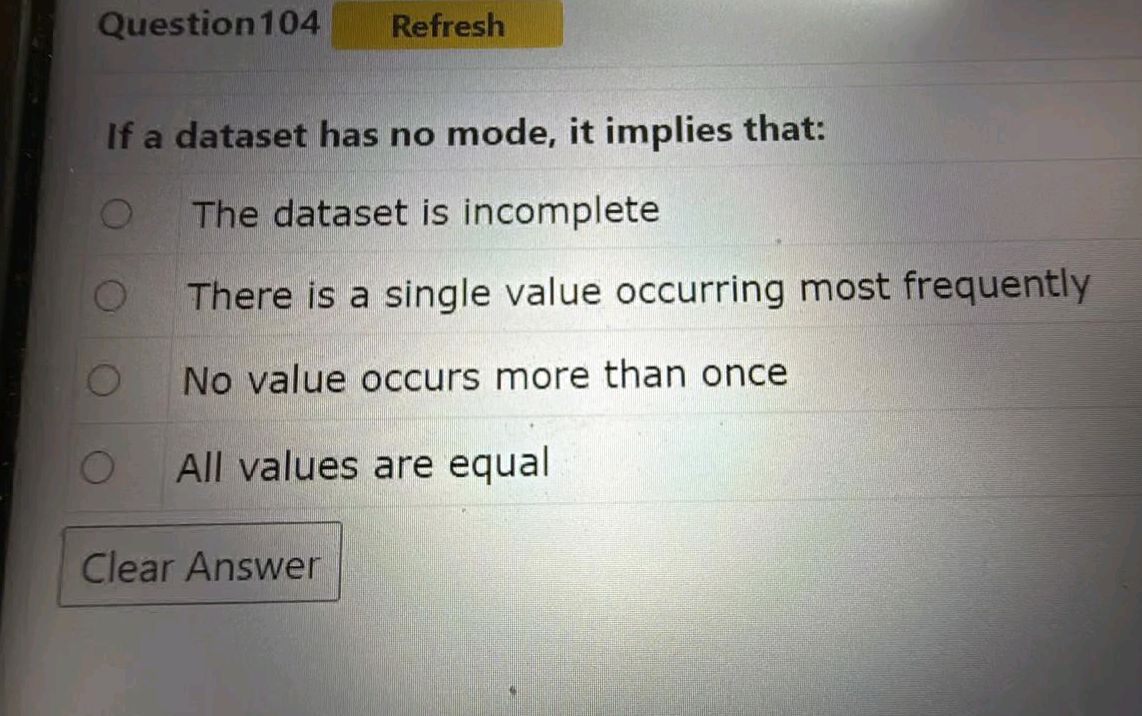 If a dataset has no mode, it implies that: | StudyX