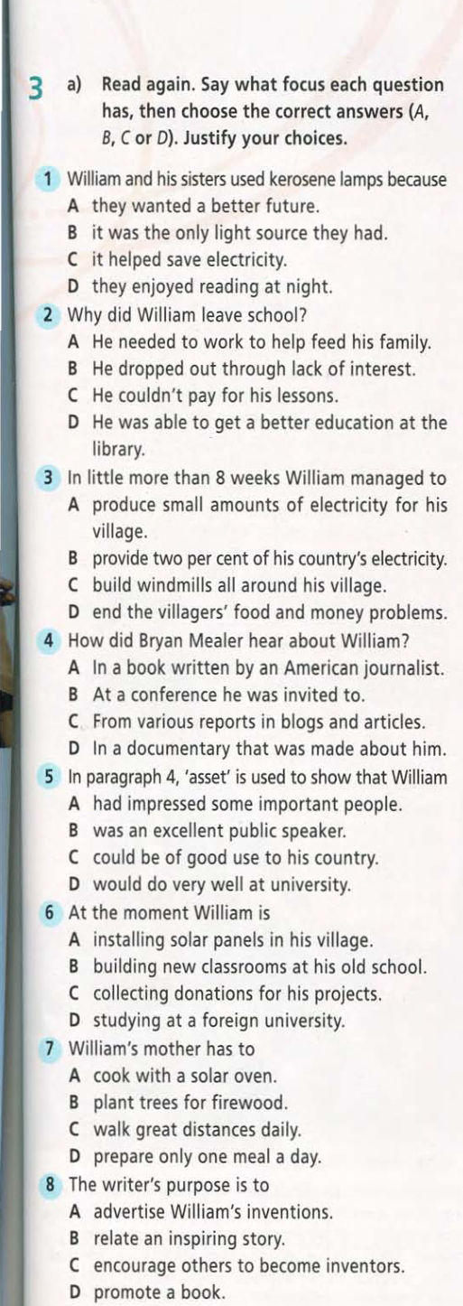 3 a) Read again. Say what focus each | StudyX