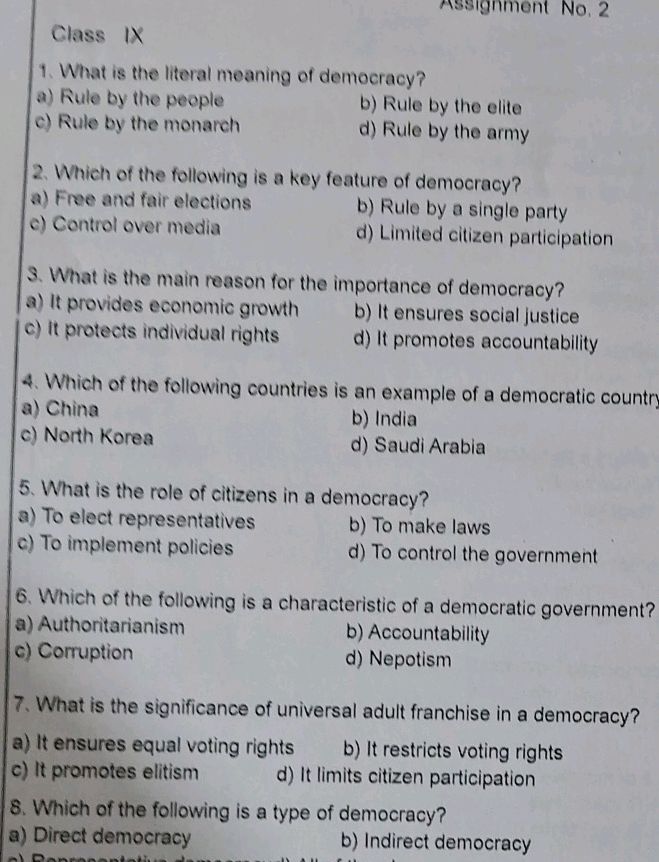 1. What is the literal meaning of democracy? | StudyX