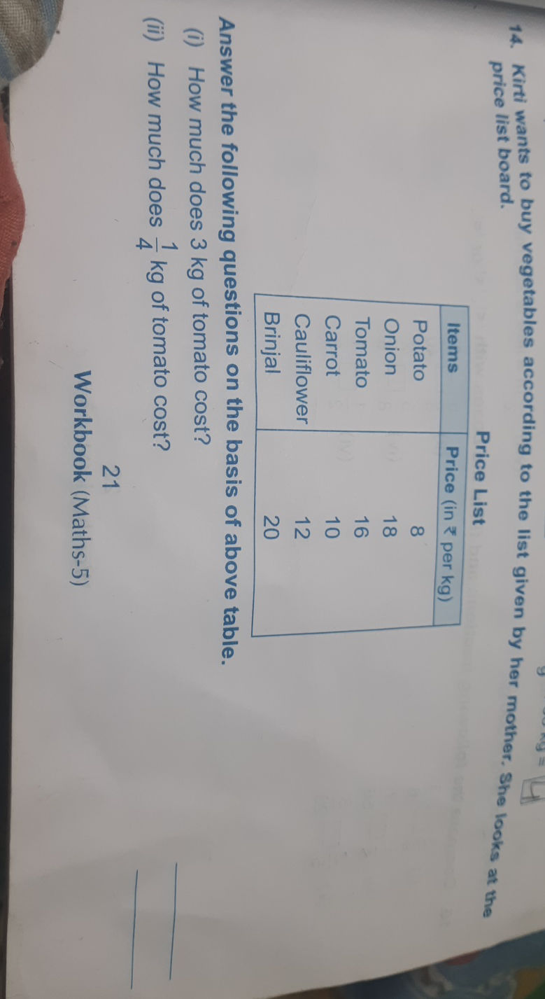 Price List | Items | Price (in ₹ per | StudyX