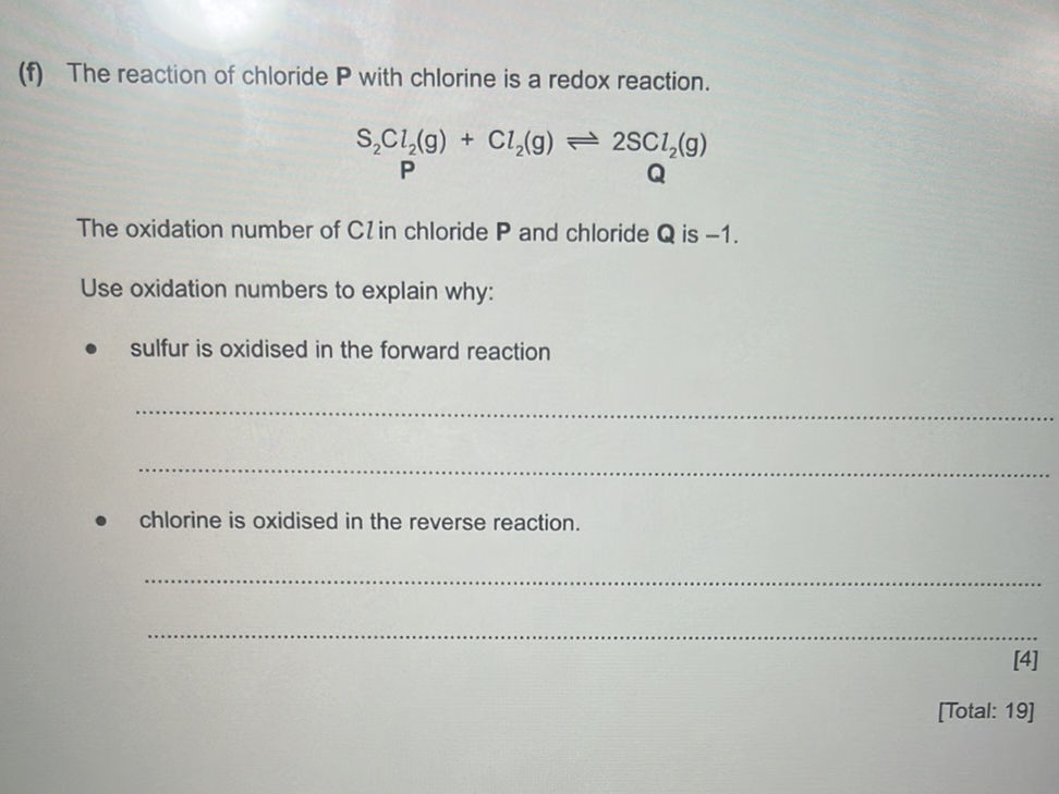 (f) The reaction of chloride P with chlorine | StudyX