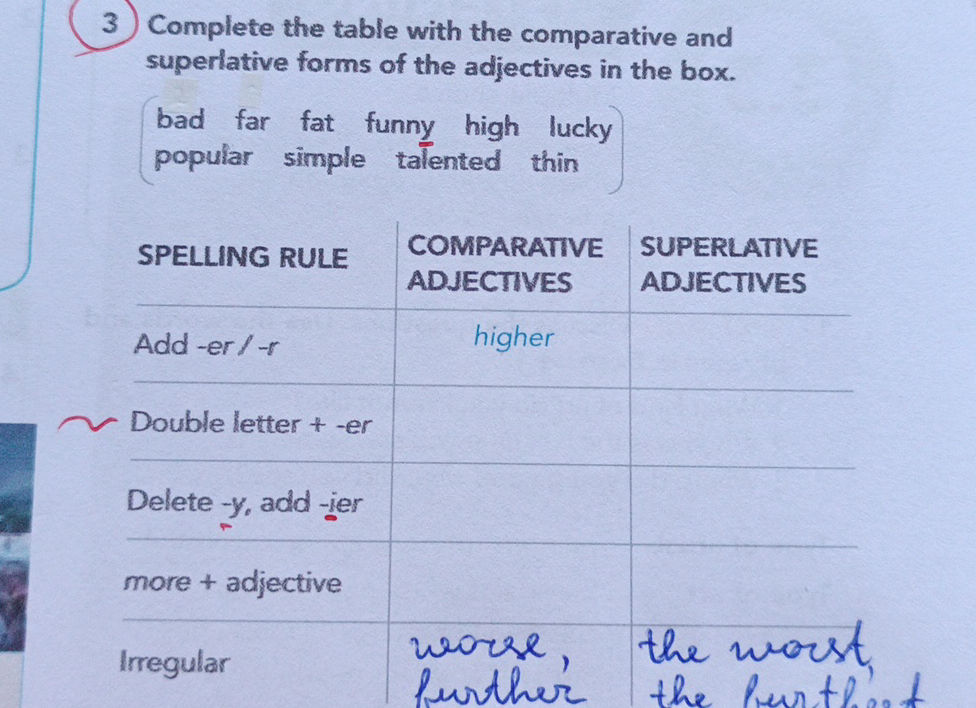 Complete the table with the comparative and | StudyX