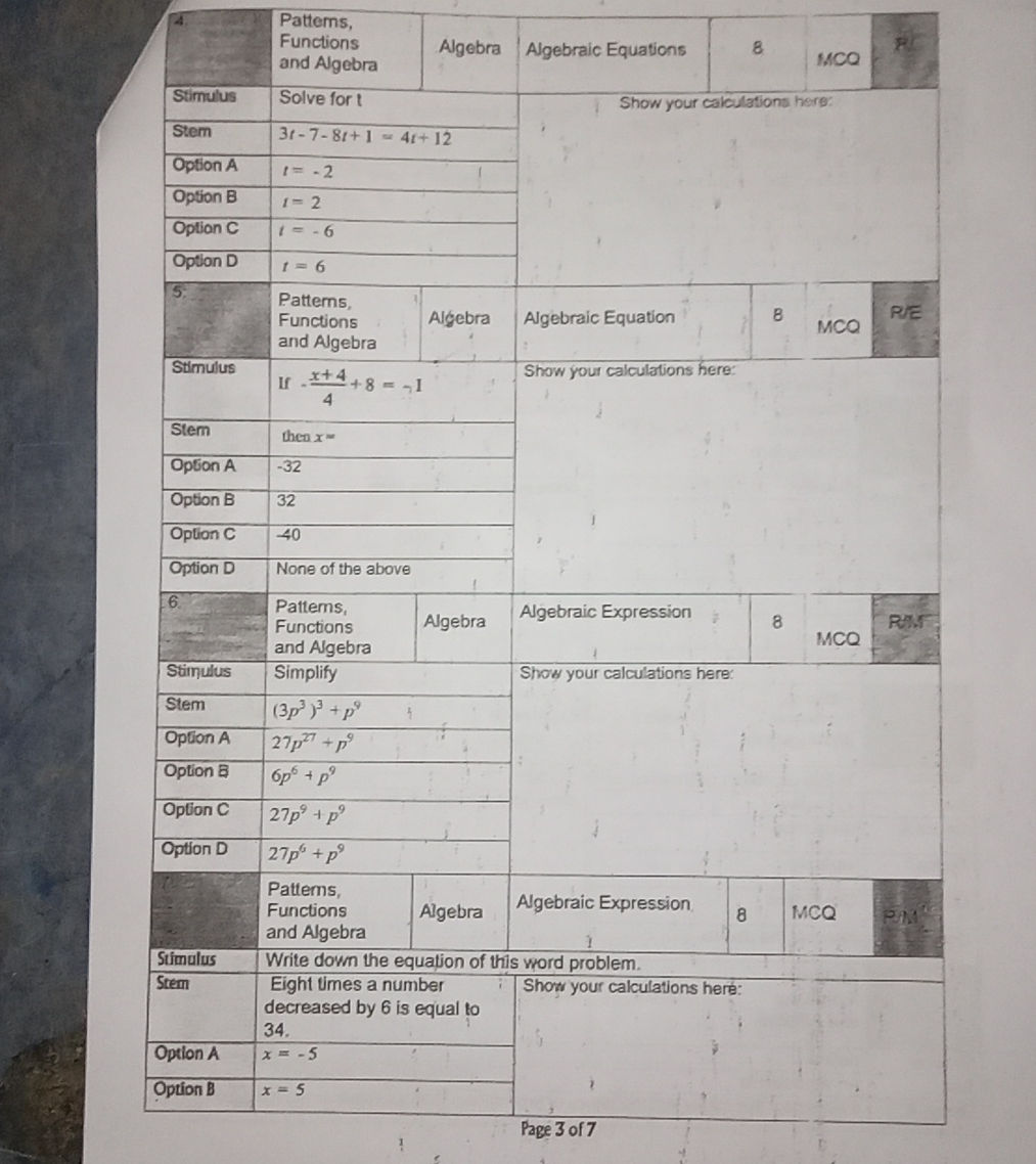 4. Solve for t Stem: $3t - 7 - 8t + 1 = 4t | StudyX
