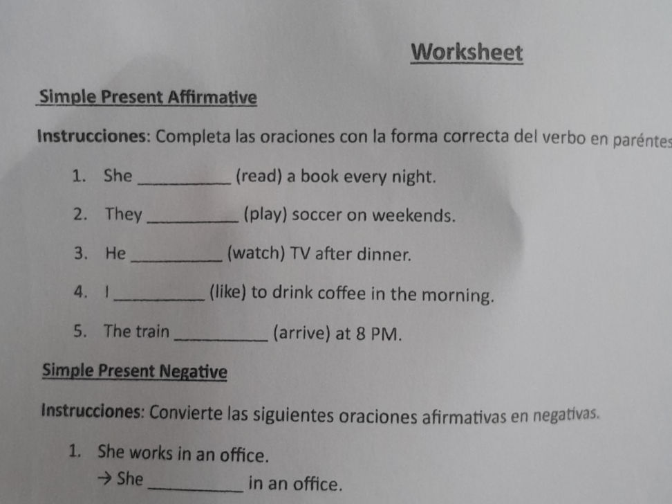 Simple Present Affirmative Instrucciones: | StudyX