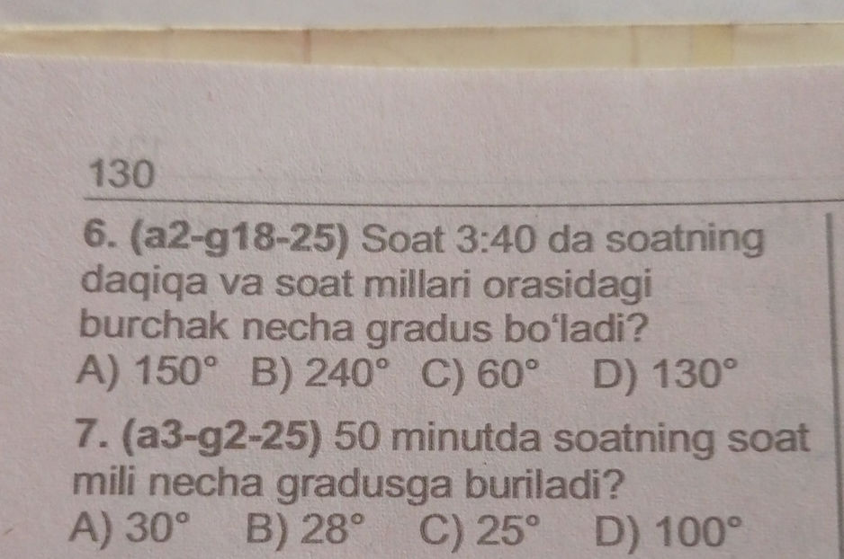 6. (a2-g18-25) Soat 3:40 da soatning daqiqa | StudyX