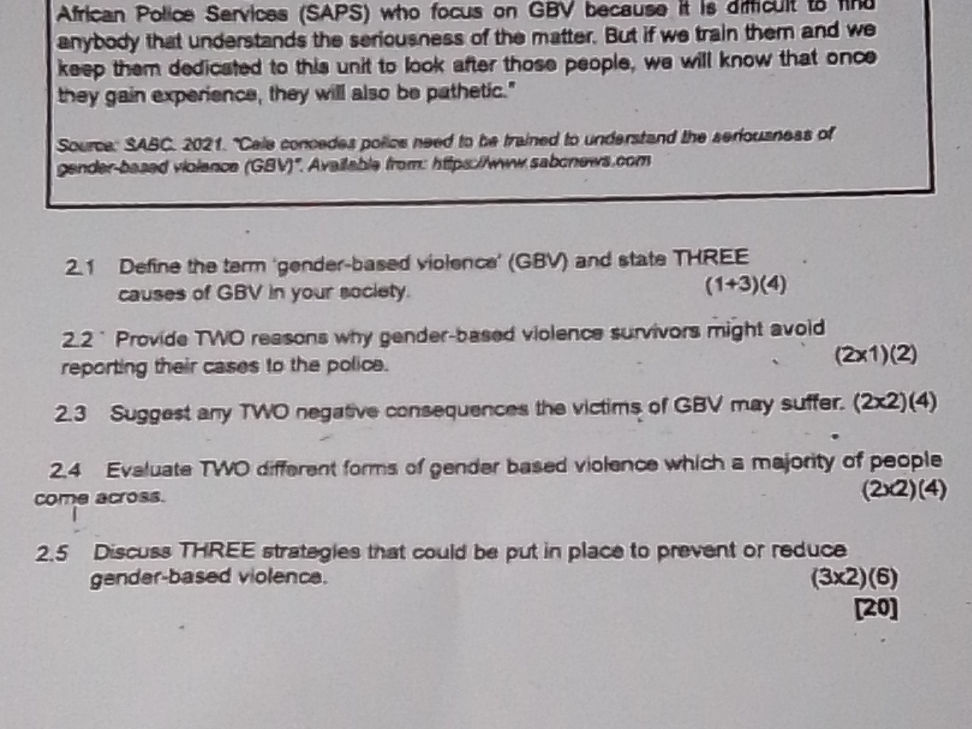 2.1 Define the term 'gender-based violence' | StudyX