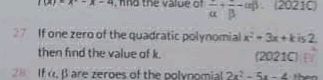 27. If one zero of the quadratic polynomial | StudyX