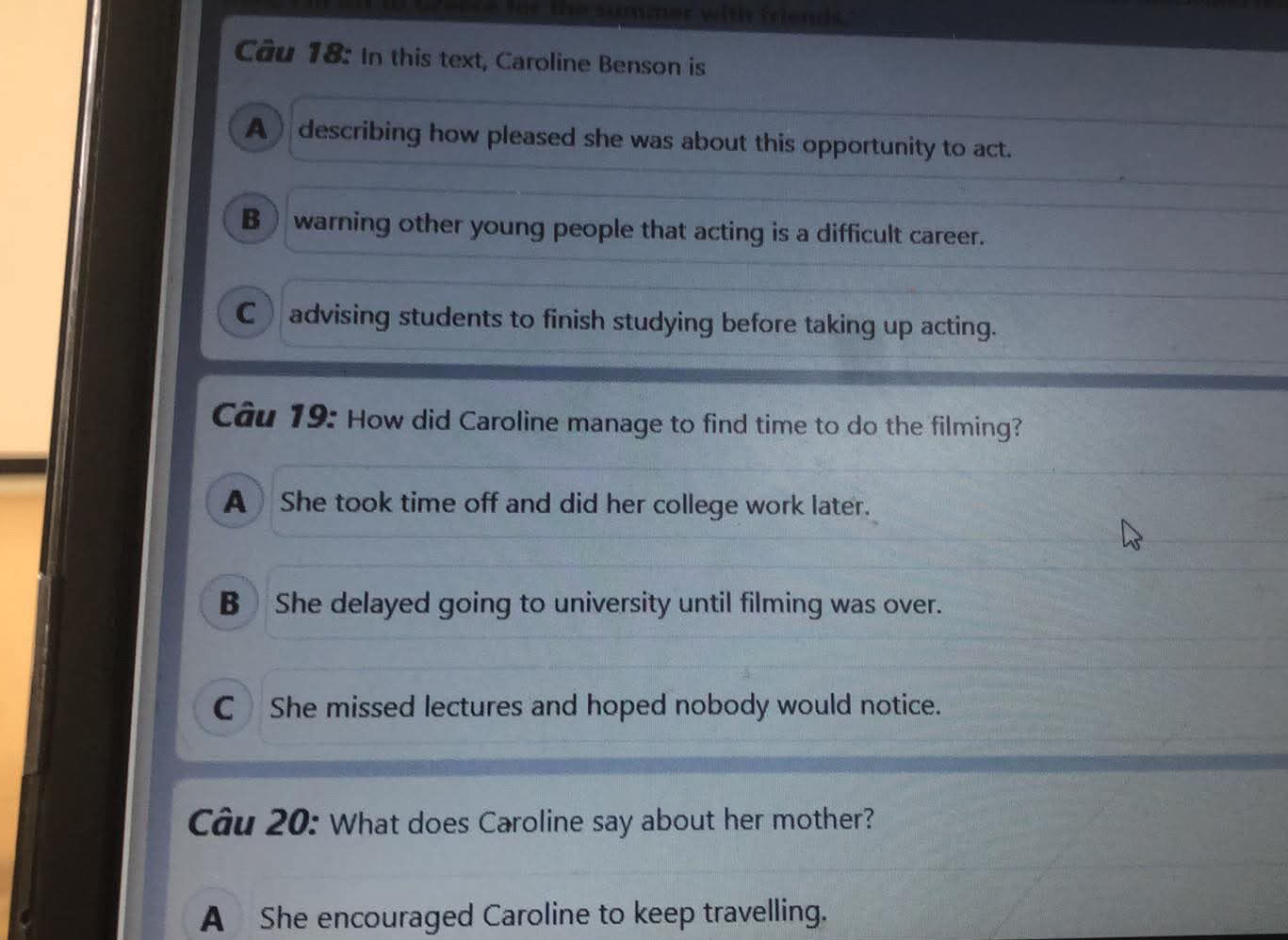 Câu 18: In this text, Caroline Benson is A | StudyX