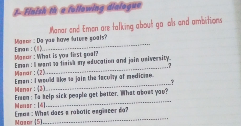 1- Finish the following dialogue Manar and | StudyX