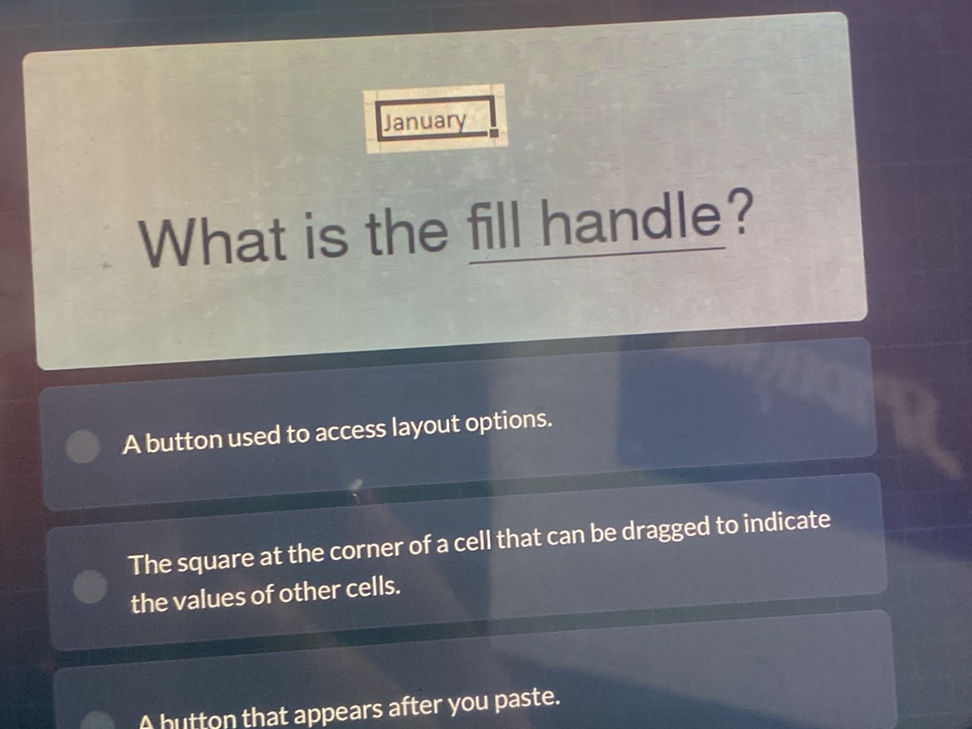 What is the fill handle? A button used to | StudyX