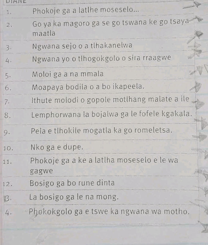 1. Phokoje ga a latlhe moseselo... 2. Go ya | StudyX