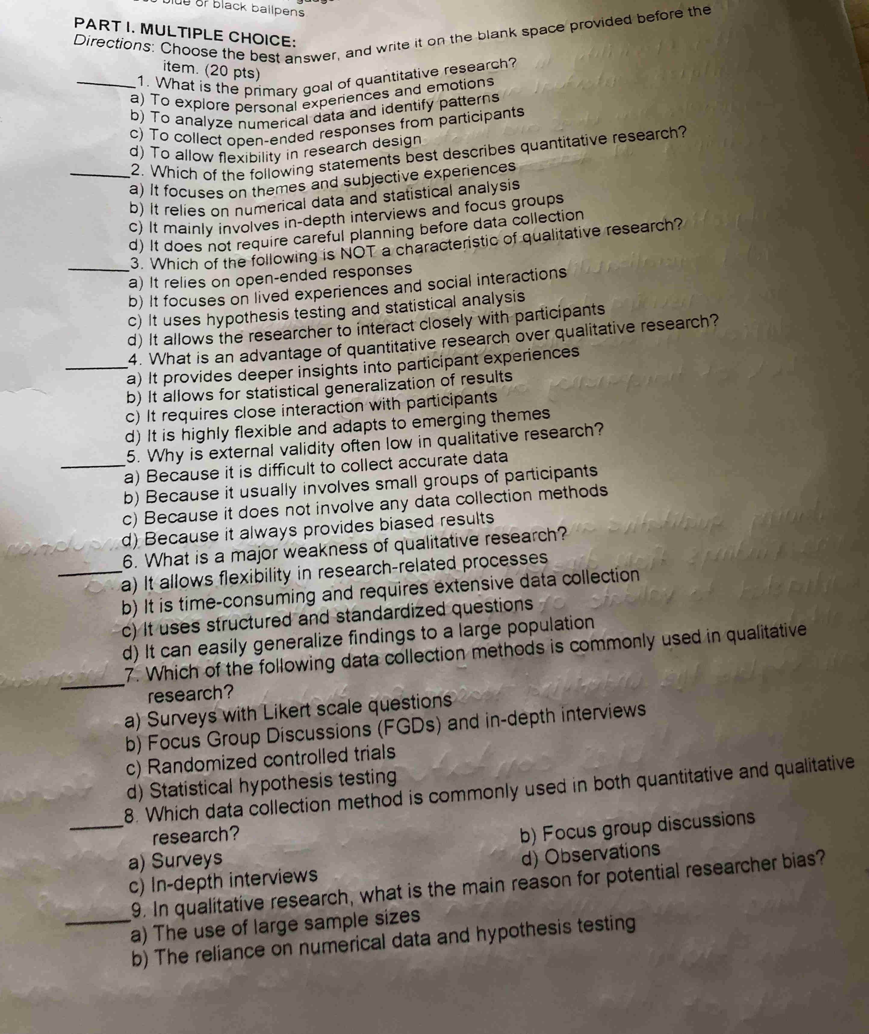 PART I. MULTIPLE CHOICE: Directions: Choose | StudyX