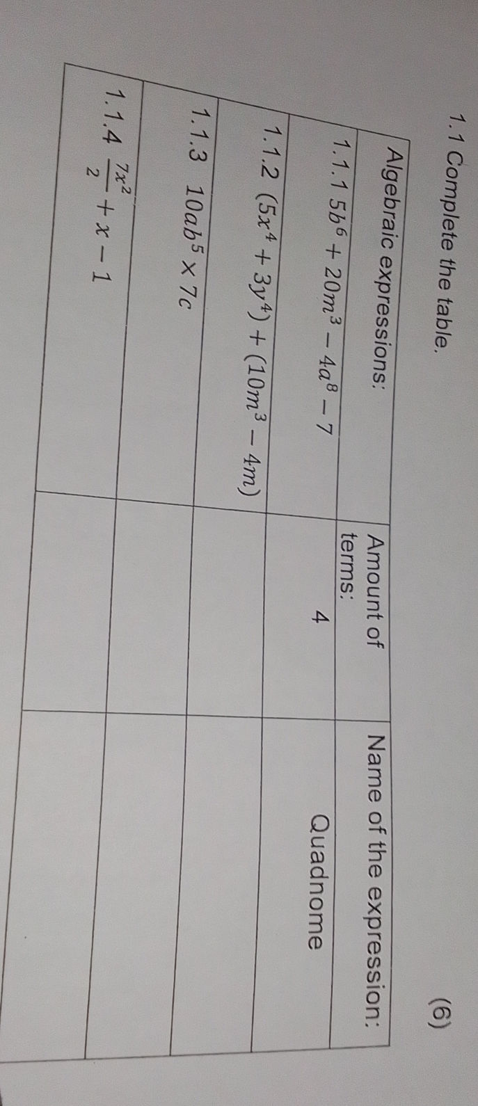 1. 1 Complete the table. | Algebraic | StudyX