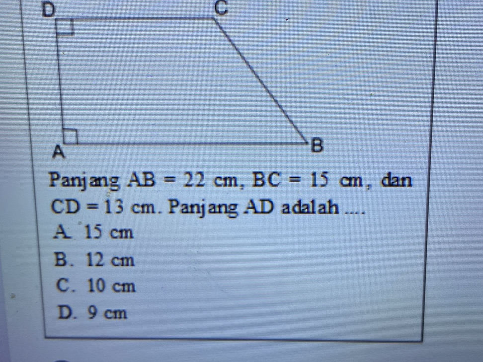 Panjang AB = 22 cm, BC = 15 cm, dan CD = 13 | StudyX