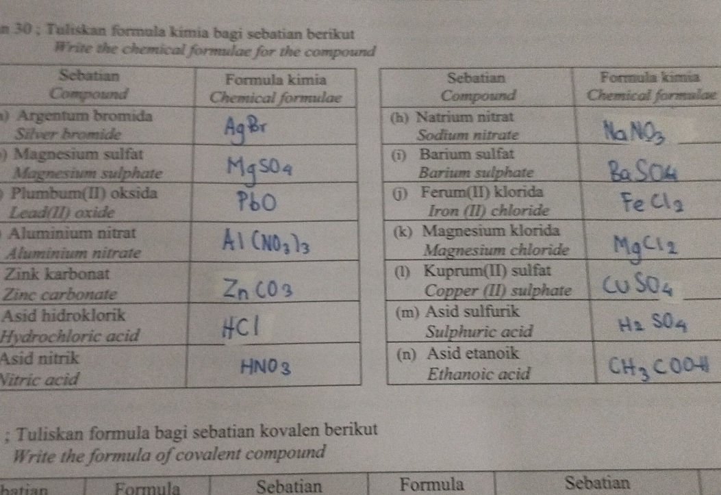 30; Tuliskan formula kimia bagi sebatian | StudyX