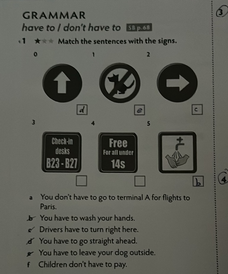 Match the sentences with the signs. 0: Up | StudyX