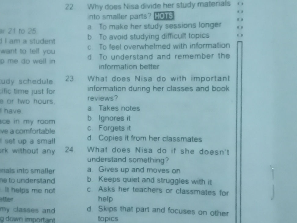 22. Why does Nisa divide her study materials | StudyX