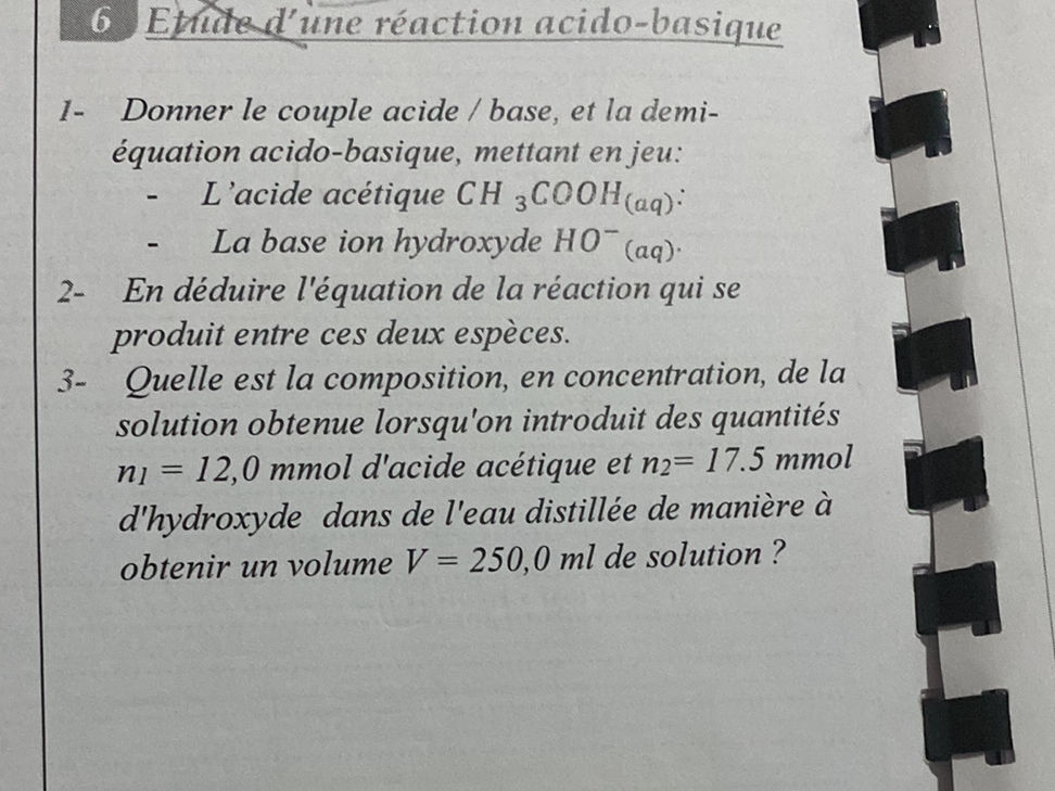 1- Donner le couple acide / base, et la | StudyX