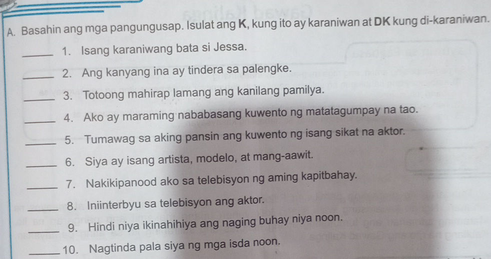 A. Basahin ang mga pangungusap. Isulat ang | StudyX