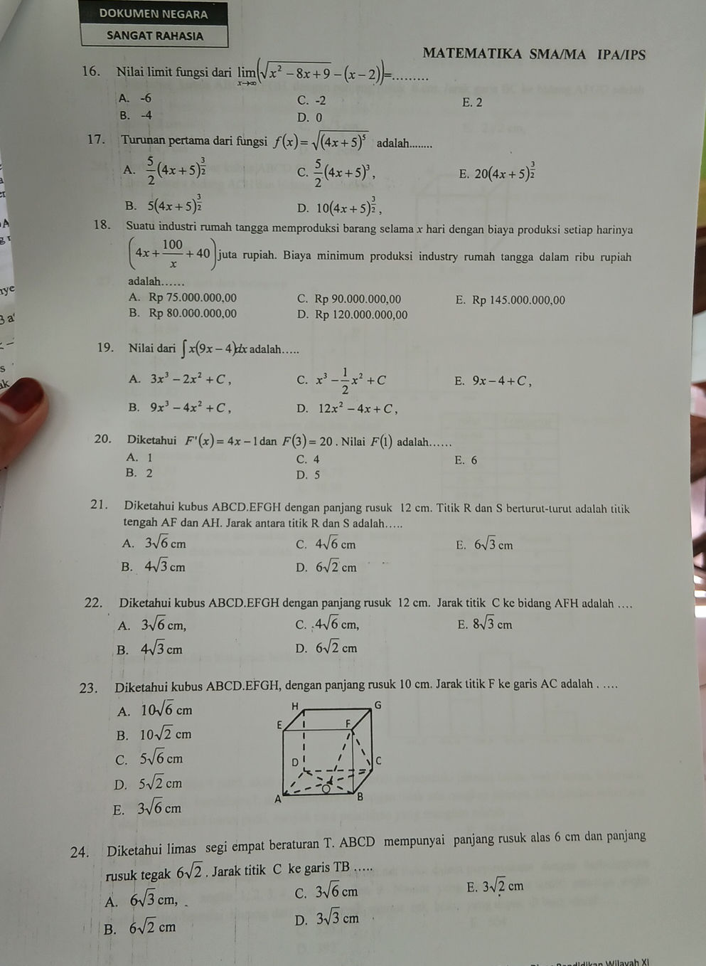 16. Nilai limit fungsi dari $_{x }( | StudyX