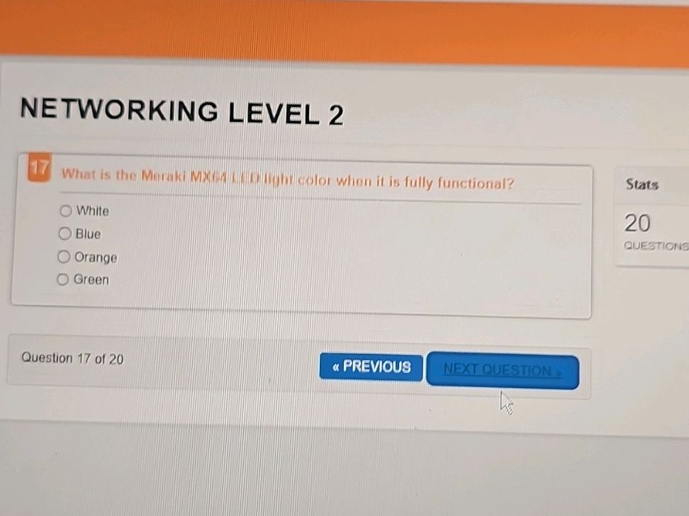 What is the Meraki MX64 LED light color when | StudyX
