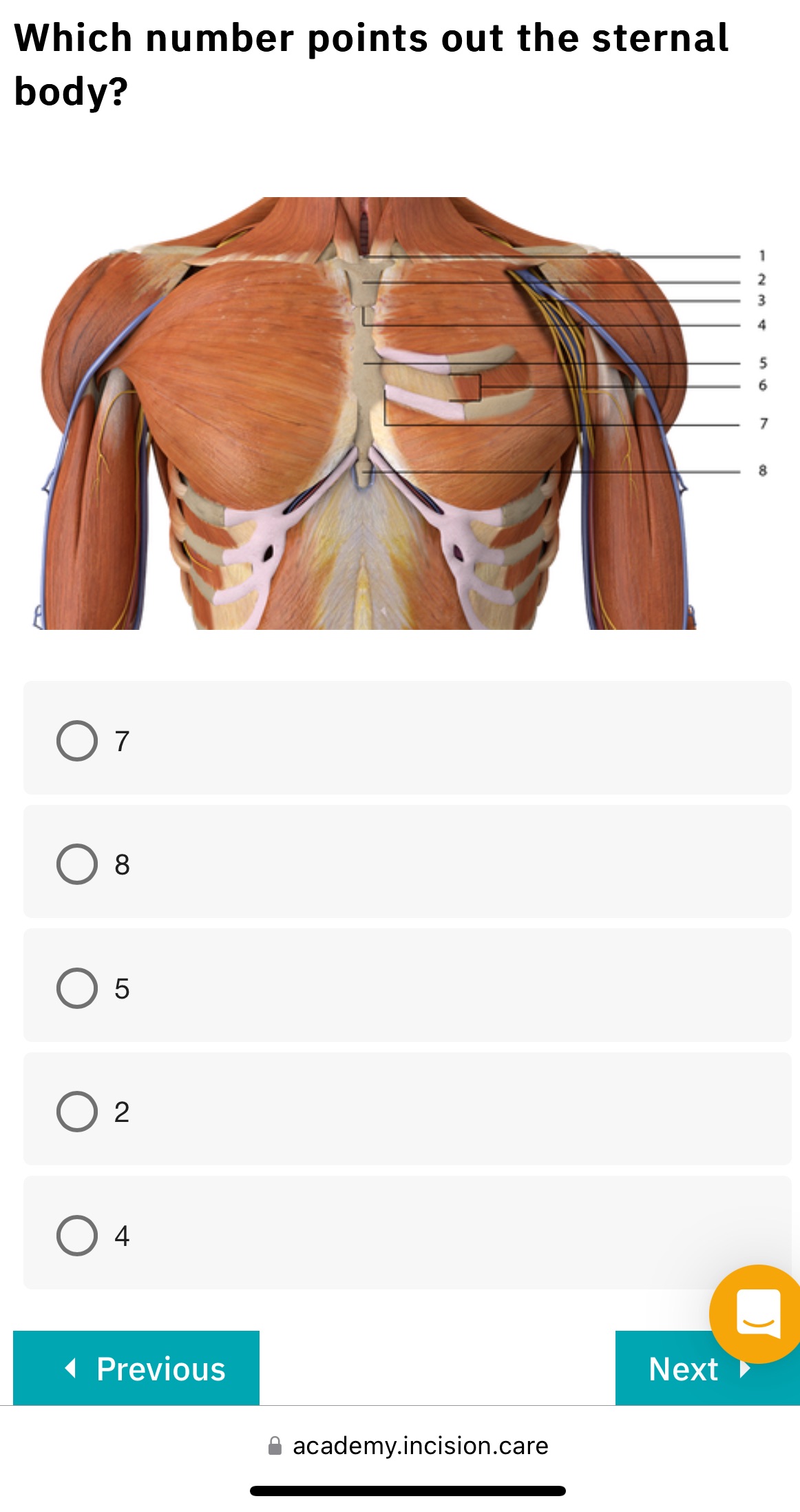 Which number points out the sternal body? 7 | StudyX