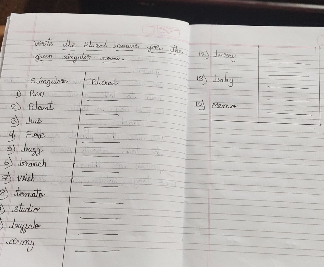 Write the Plural nouns for the given | StudyX