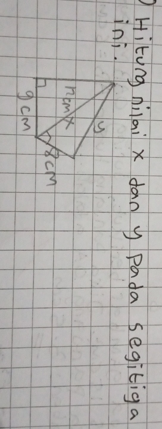 Hitung nilai x dan y pada segitiga ini. ``` | StudyX