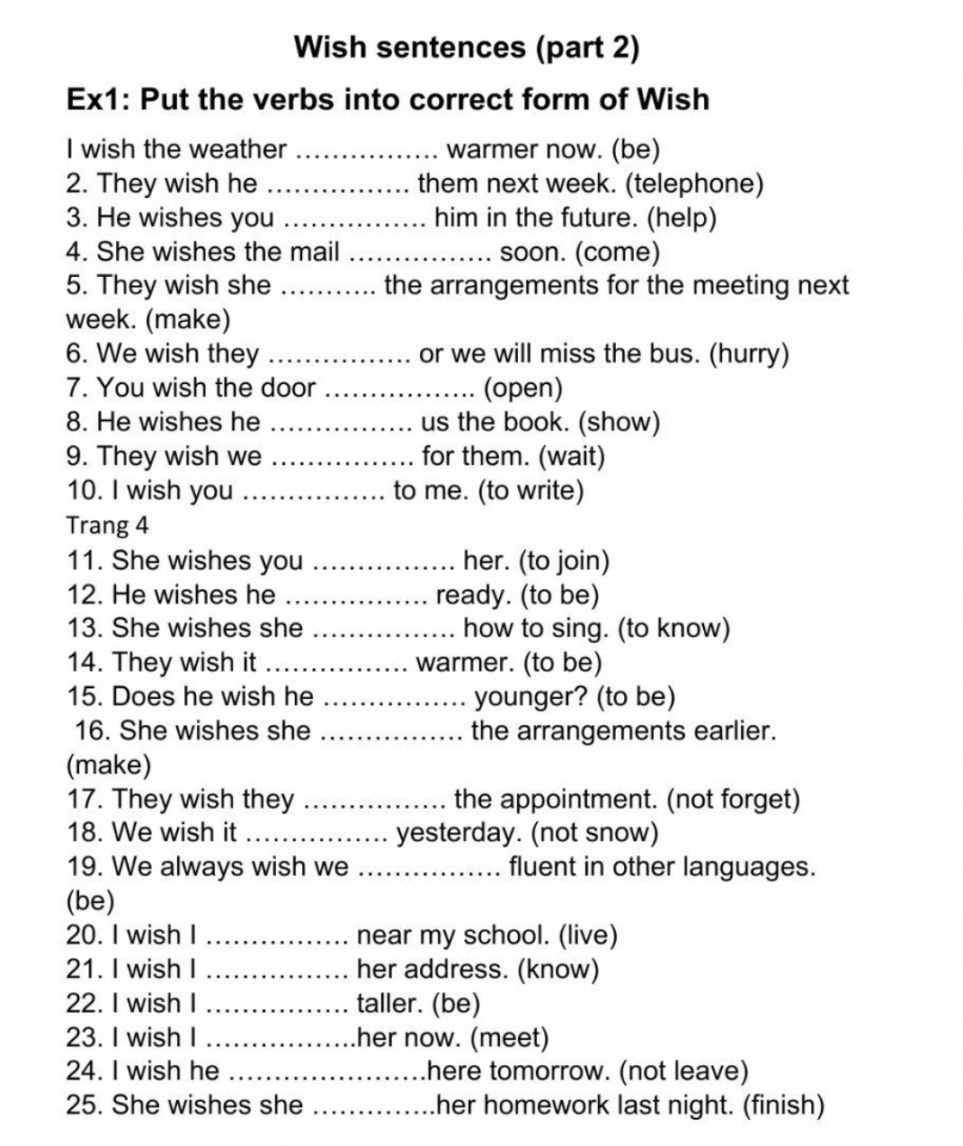 Wish sentences (part 2) Ex1: Put the verbs | StudyX