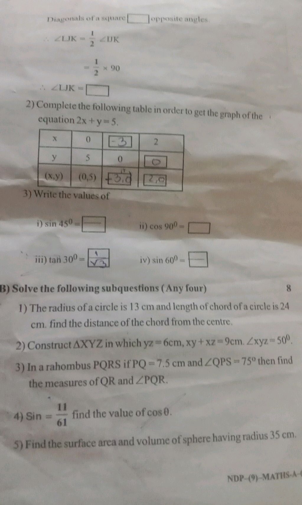 Diagonals of a square opposite angles. $ | StudyX