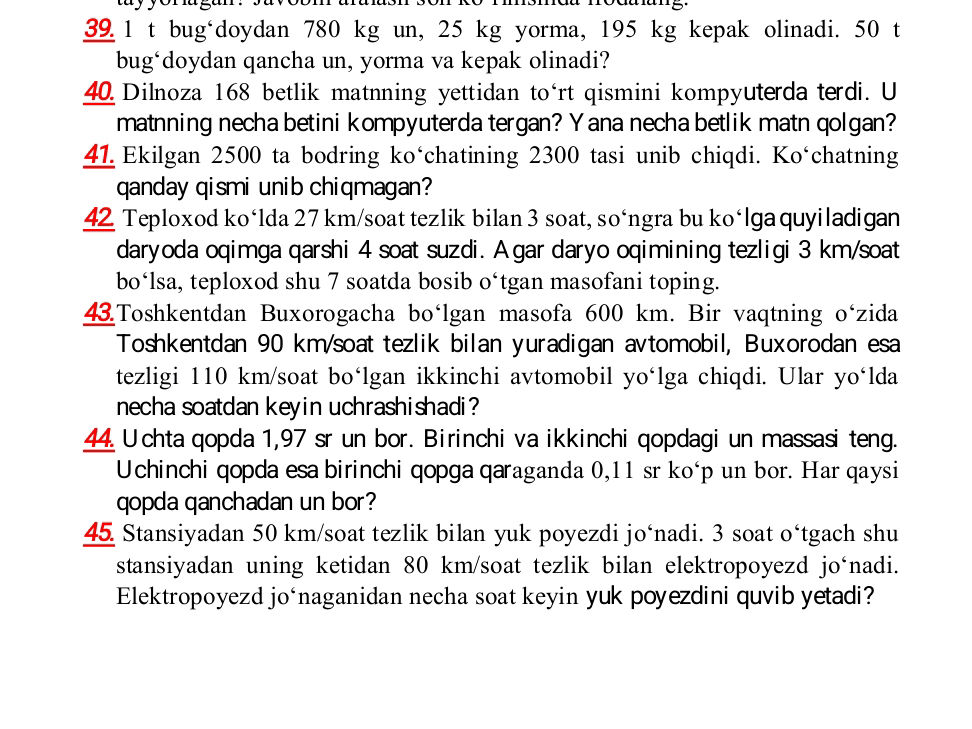 39. 1 t bug'doydan 780 kg un, 25 kg yorma, | StudyX