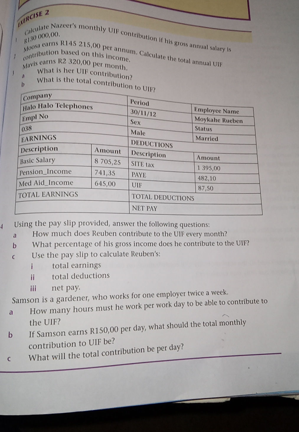Calculate Nazeer's monthly UIF contribution | StudyX