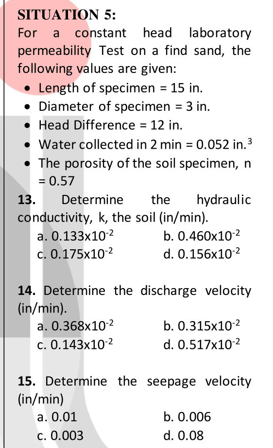 SITUATION 5: For a constant head laboratory | StudyX