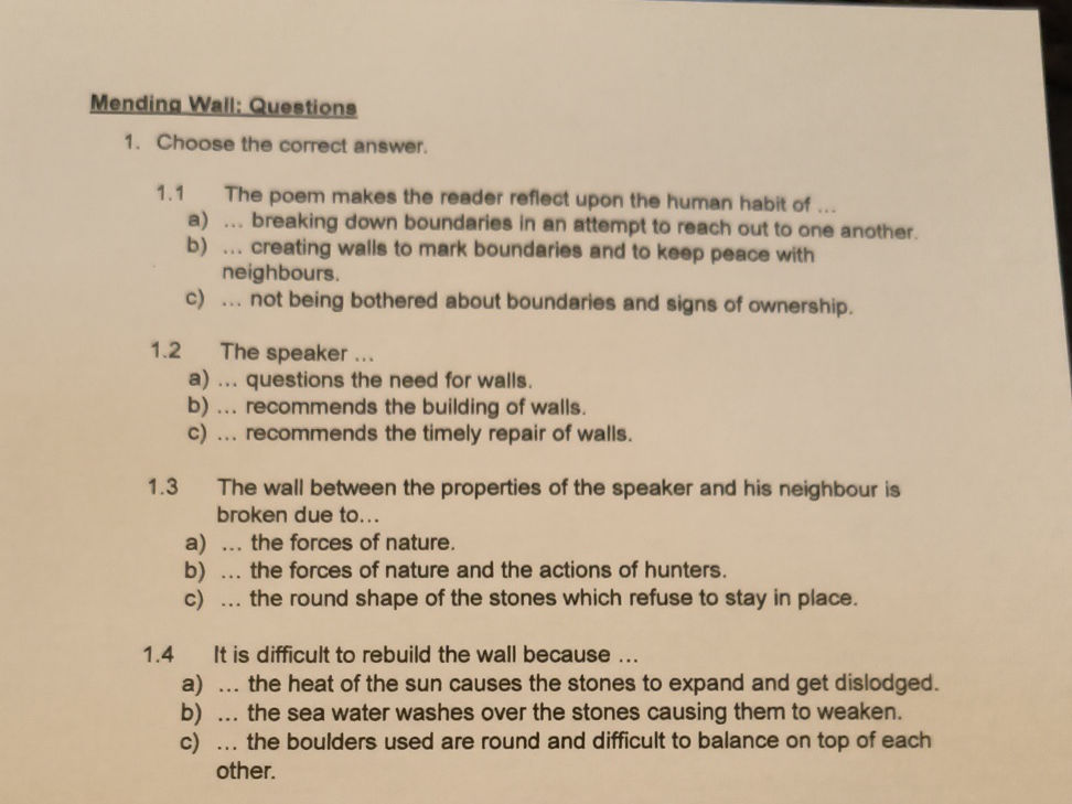 Mending Wall: Questions 1. Choose the | StudyX