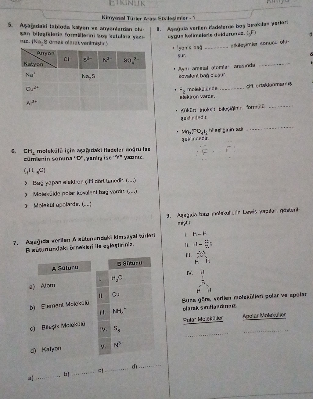 5. Aşağıdaki tabloda katyon ve anyonlardan | StudyX