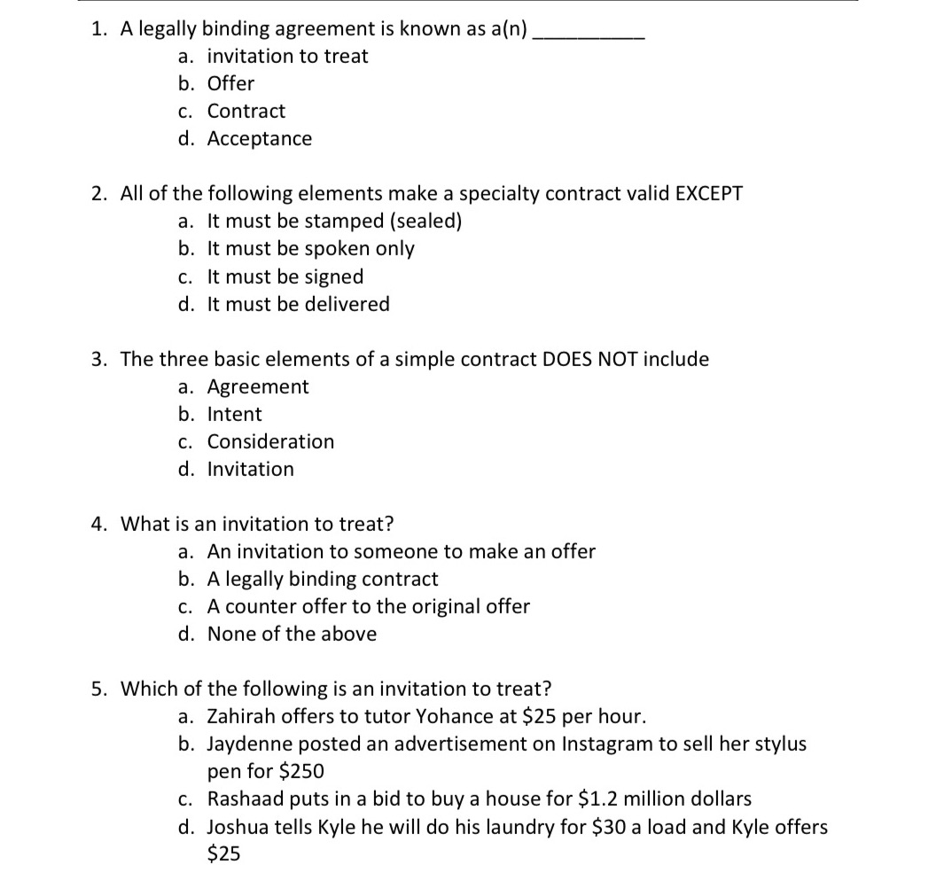 1. A legally binding agreement is known as | StudyX