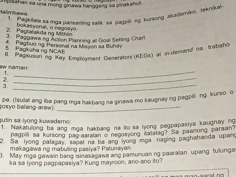 Halimbawa: 1. Pagkilala sa mga pansariling | StudyX