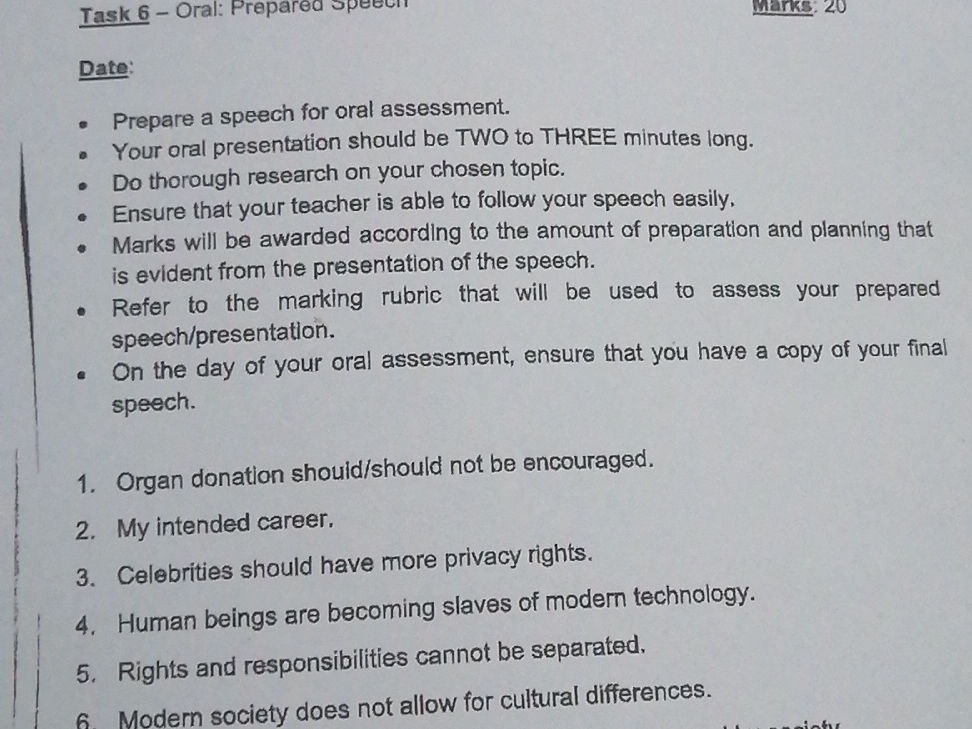 Prepare a speech for oral assessment. Your | StudyX