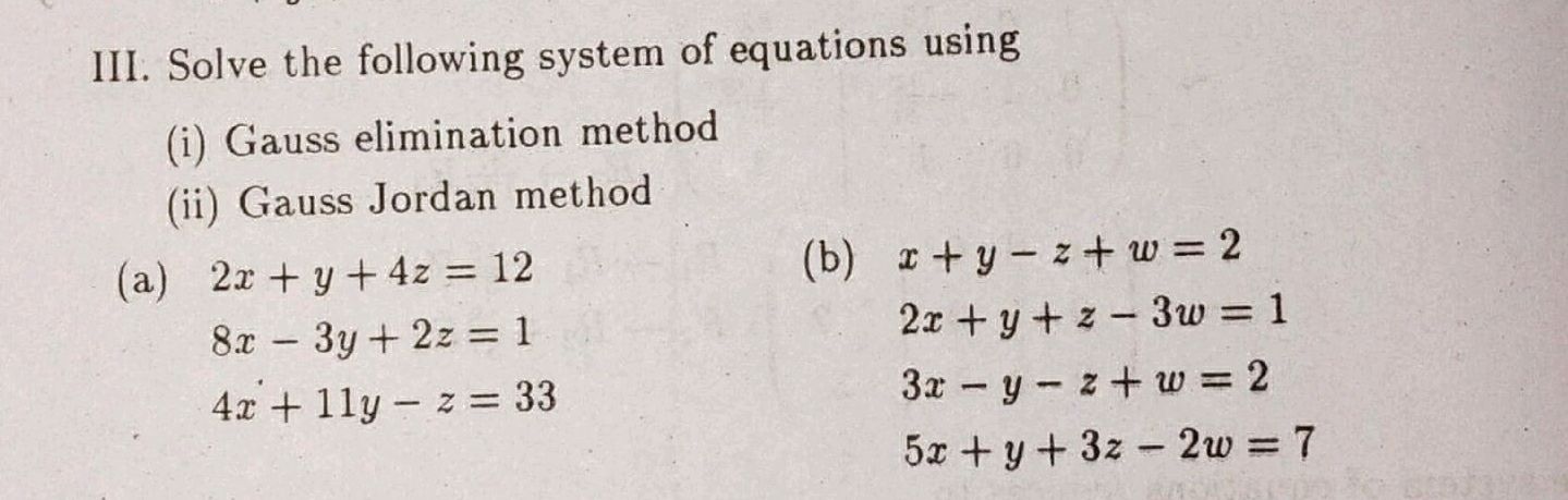 III. Solve the following system of equations | StudyX