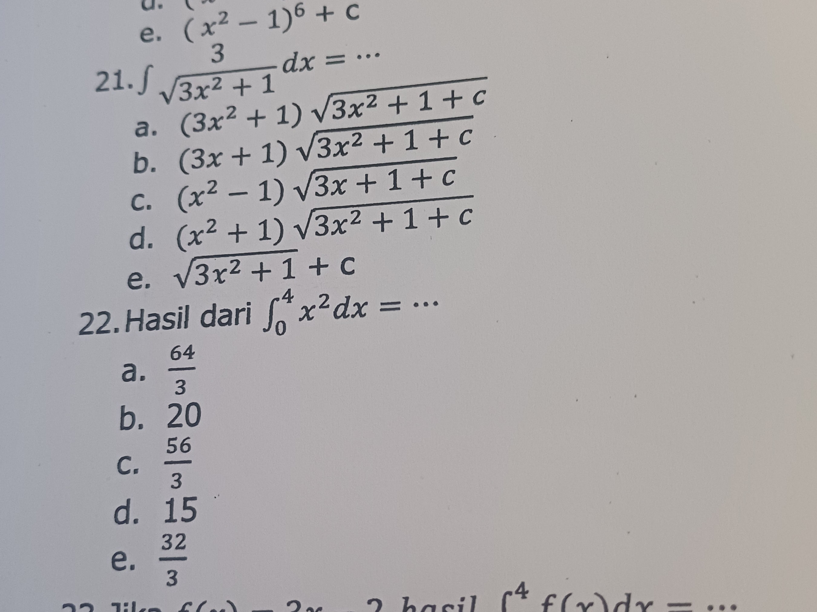 21. $ {3x^2 + 1} dx = ...$ a. $(3x^2 + 1) | StudyX