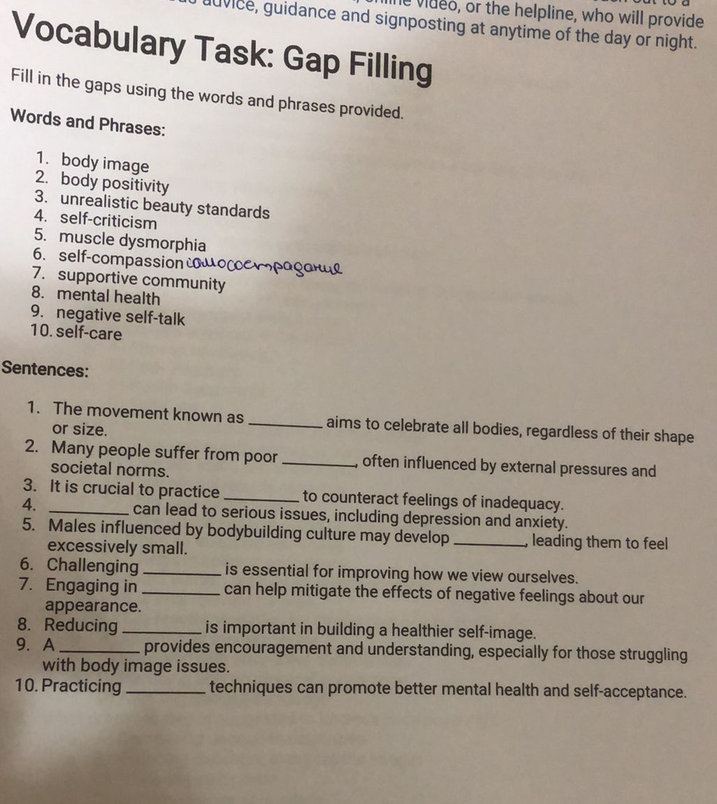 Vocabulary Task: Gap Filling Fill in the | StudyX