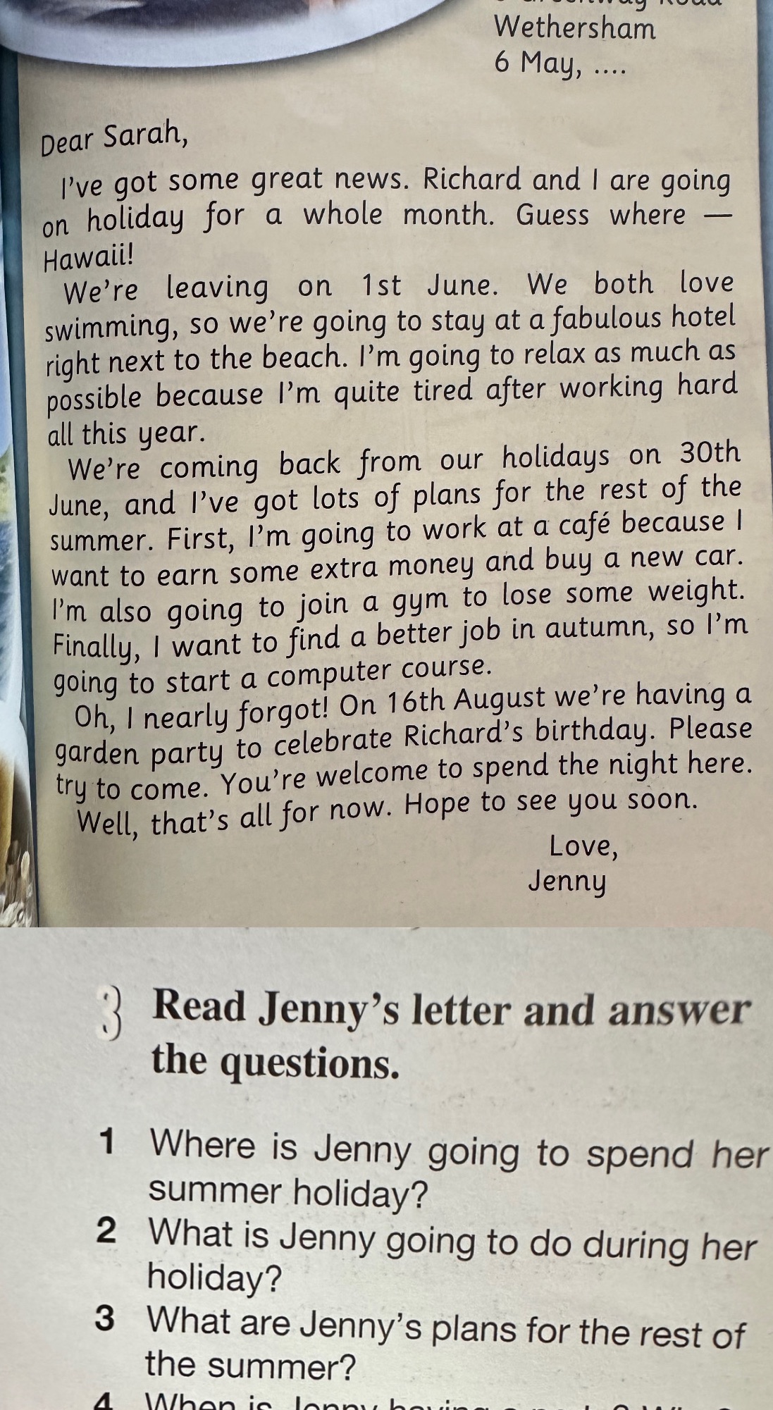 3 Read Jenny's letter and answer the | StudyX